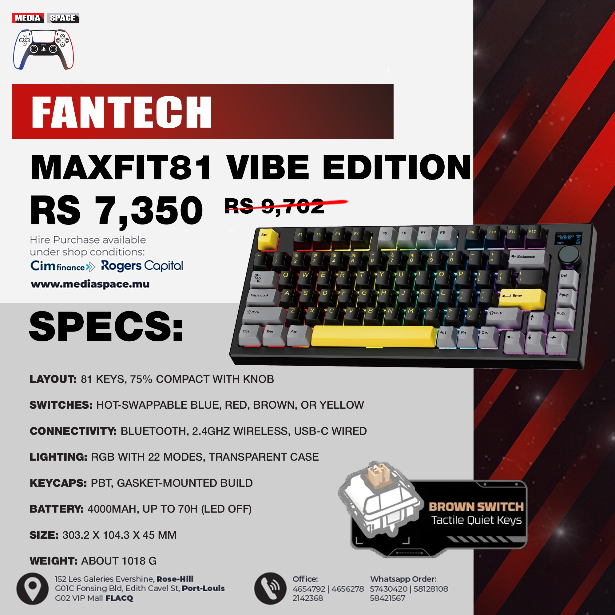 FANTECH MAXFIT81 Wireless Mechanical Keyboard PBT Keycaps RGB 75% ...