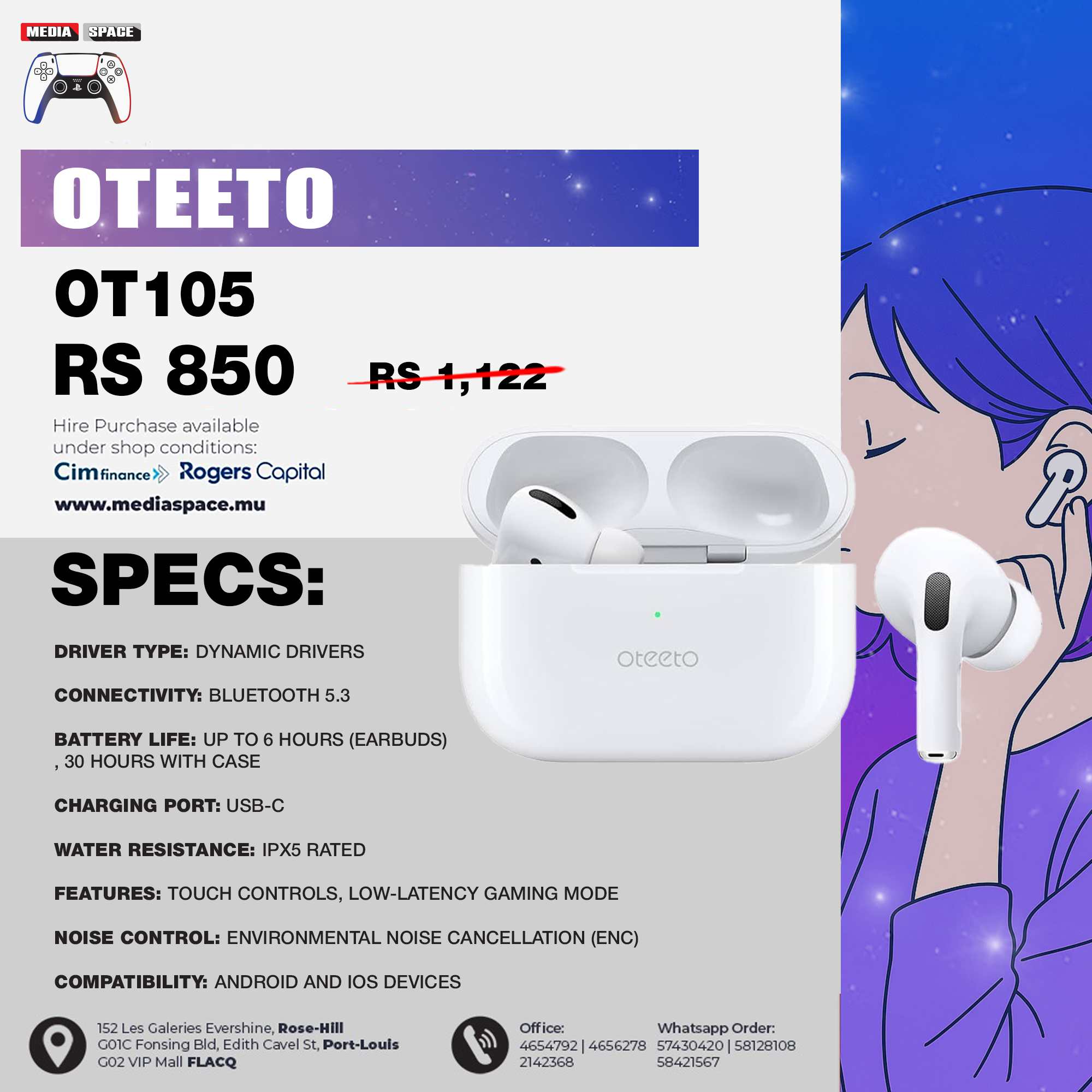 Oteeto OT105 Bluetooth Earbuds Bluetooth Supports Android & iOS ...