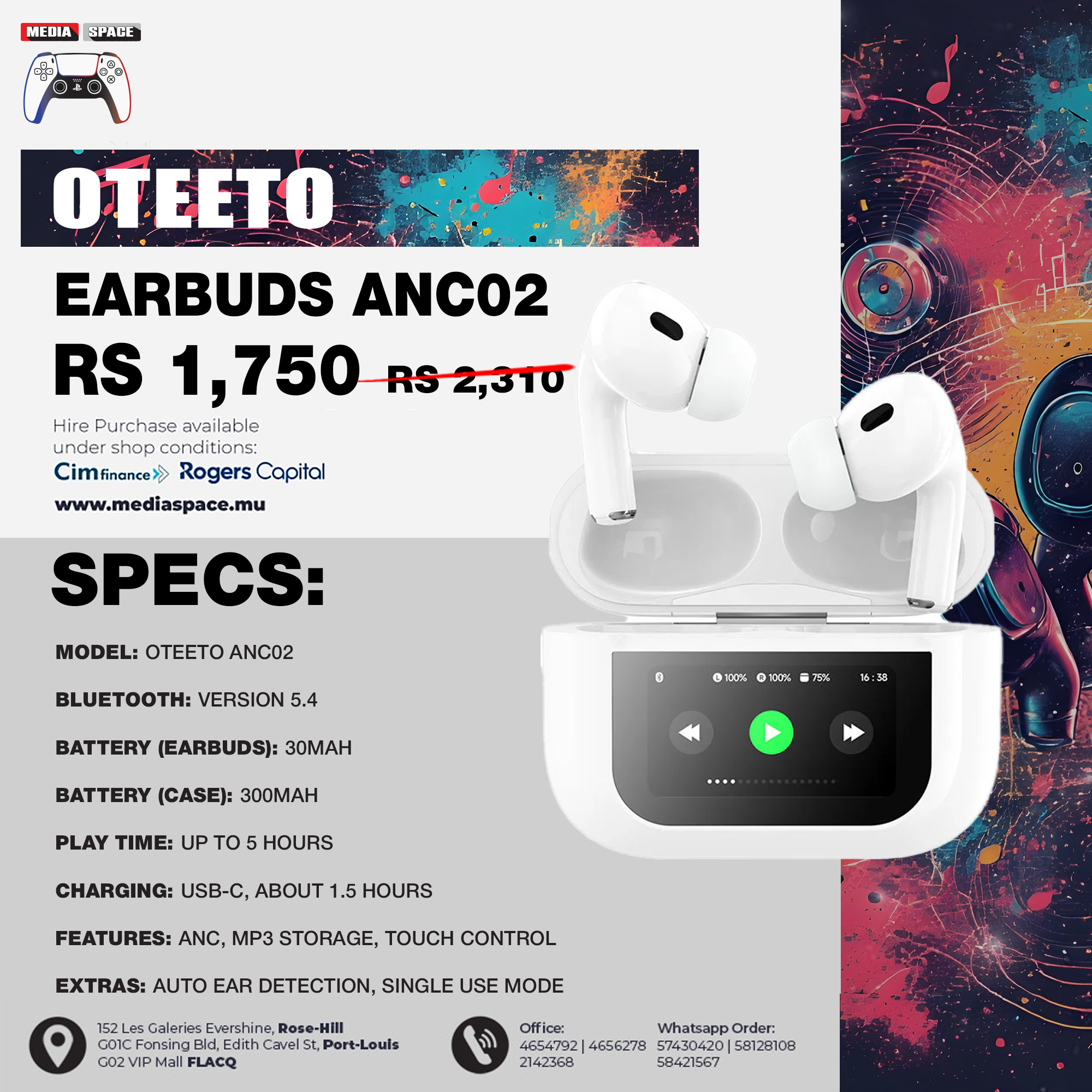 Oteeto wireless EARBUDS with MP3 Storage Model ANC02 - MediaSpace