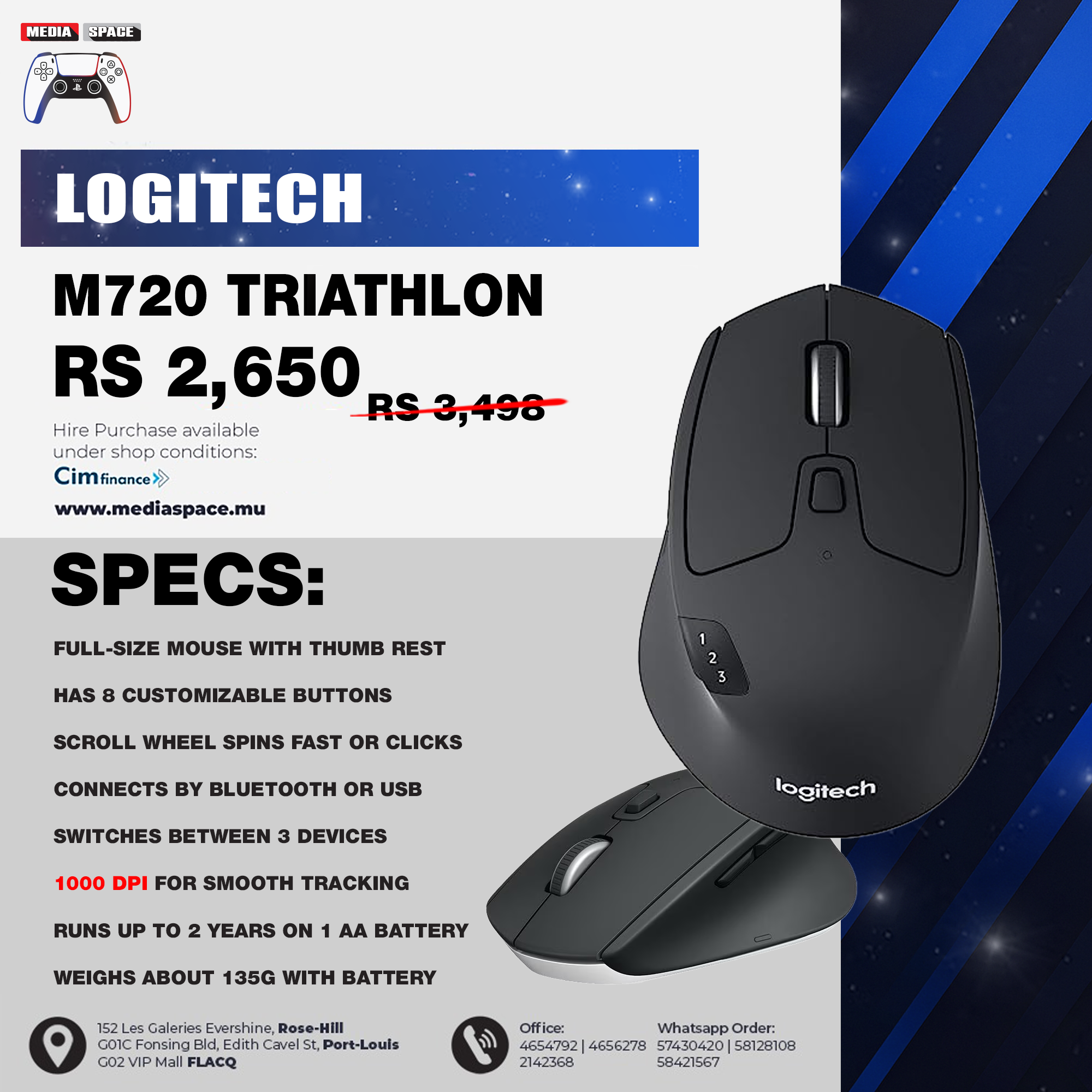 Logitech M720 TRIATHLON Multi-Device Wireless Bluetooth Mouse with ...